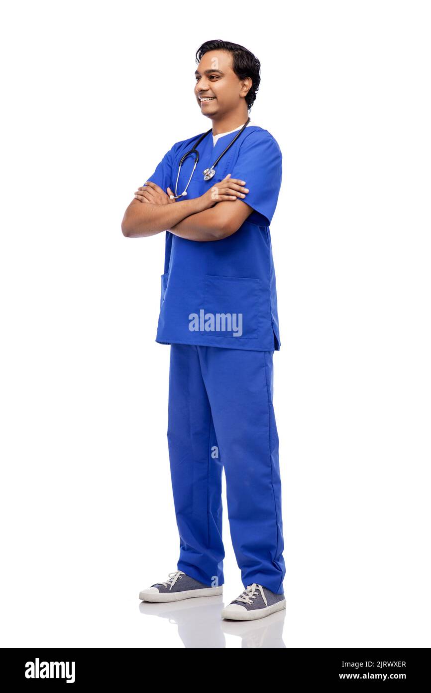 happy indian doctor or male nurse in blue uniform Stock Photo - Alamy