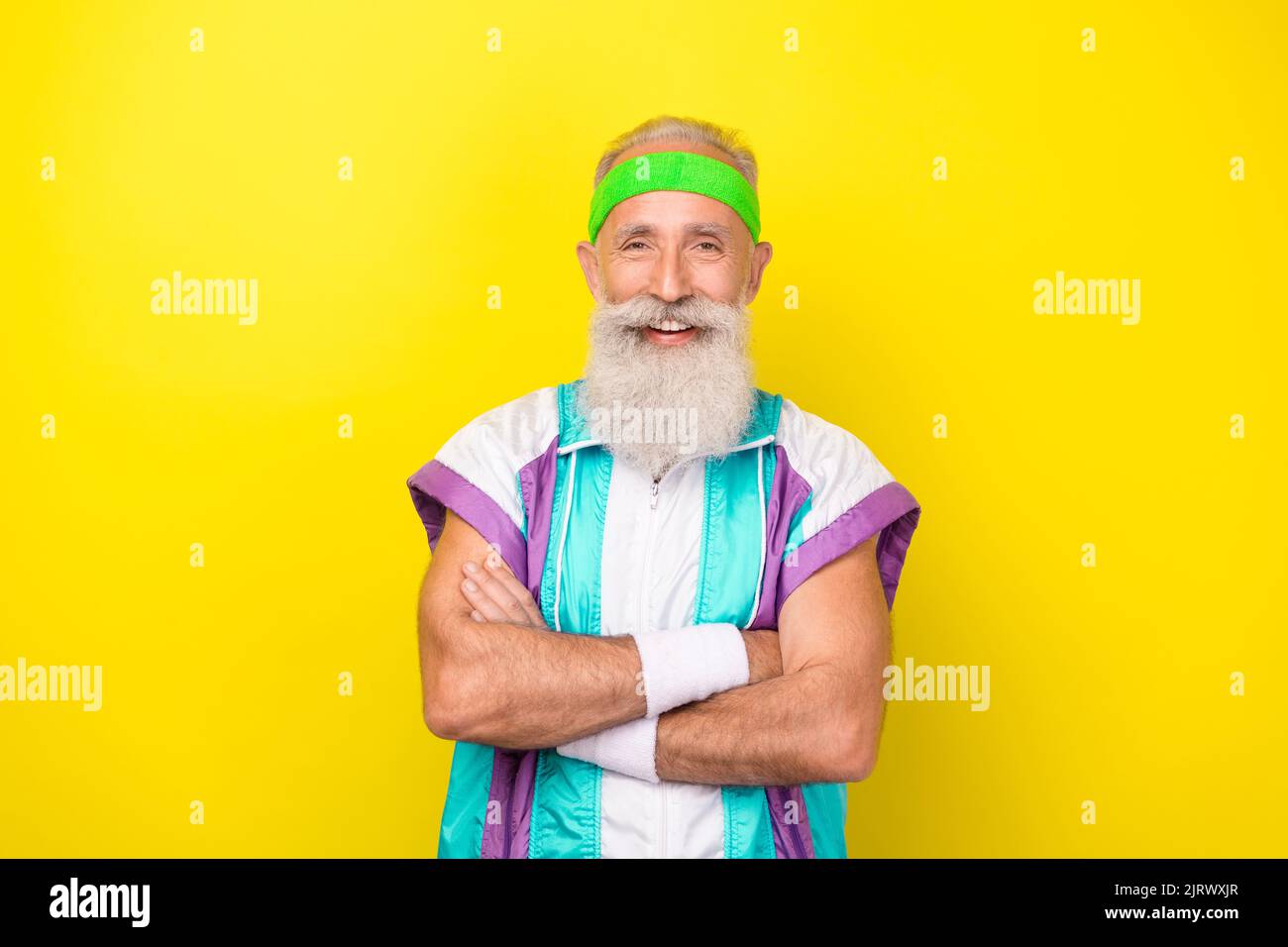 Portrait of cheerful friendly coach granddad crossed hands wear ...