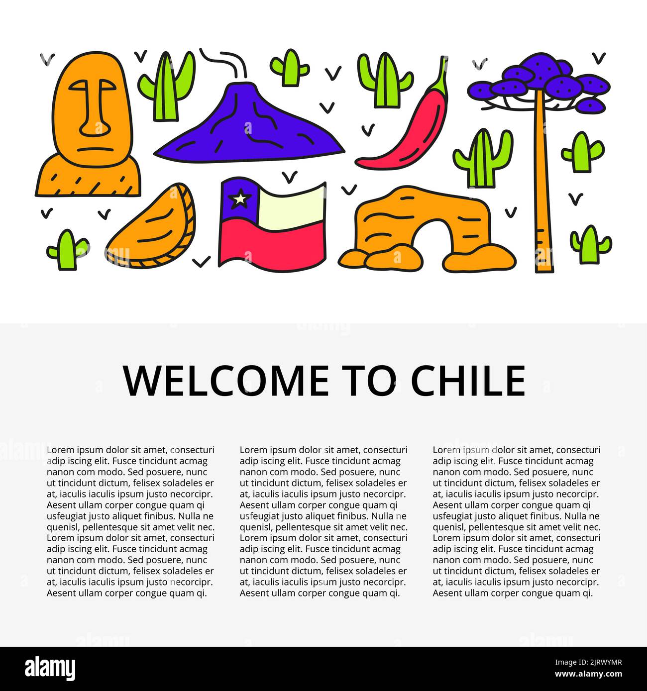 Article template with space for text and doodle colored Chile icons ...