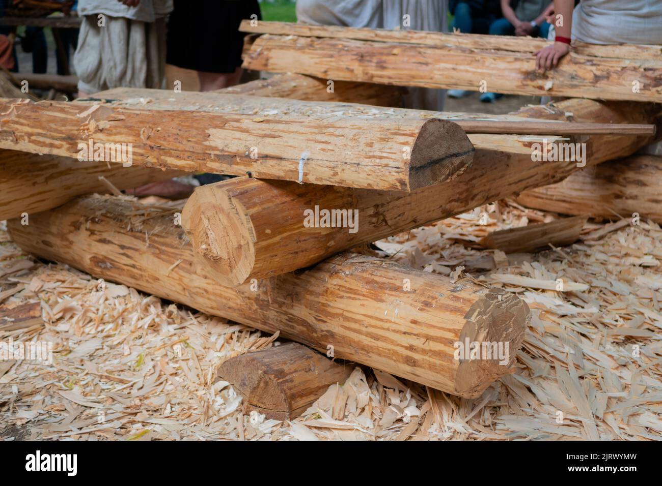 Unfinished rustic log cabin building - outdoor, summer time Stock Photo ...