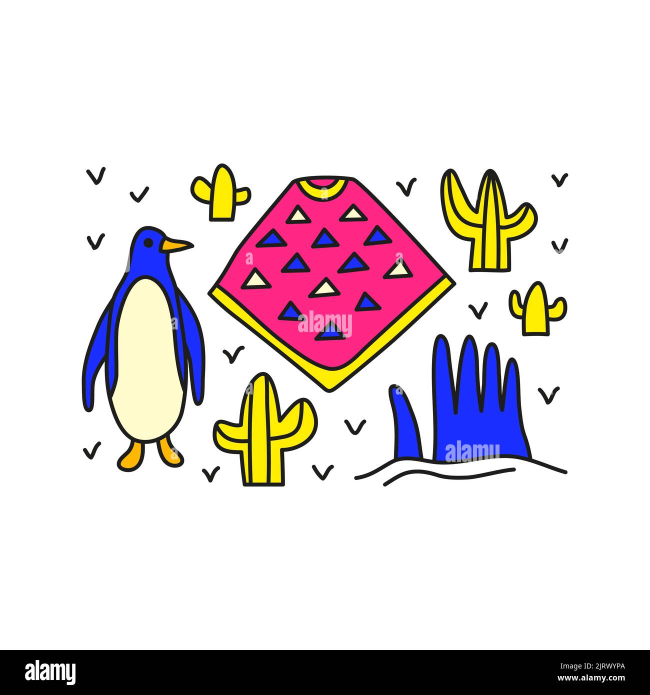 Group of doodle colored Chile icons including penguin, poncho, alpaca ...