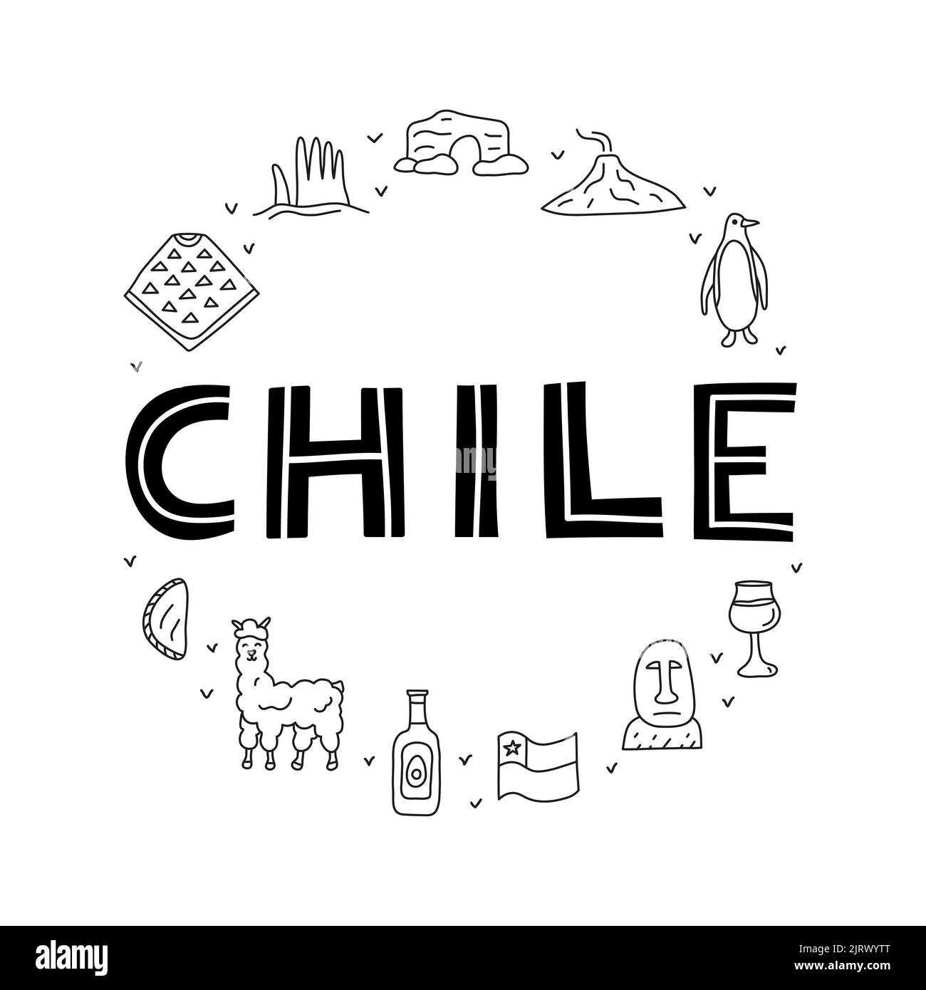 Doodle outline Chile icons including Easter island statue, Villarrica ...