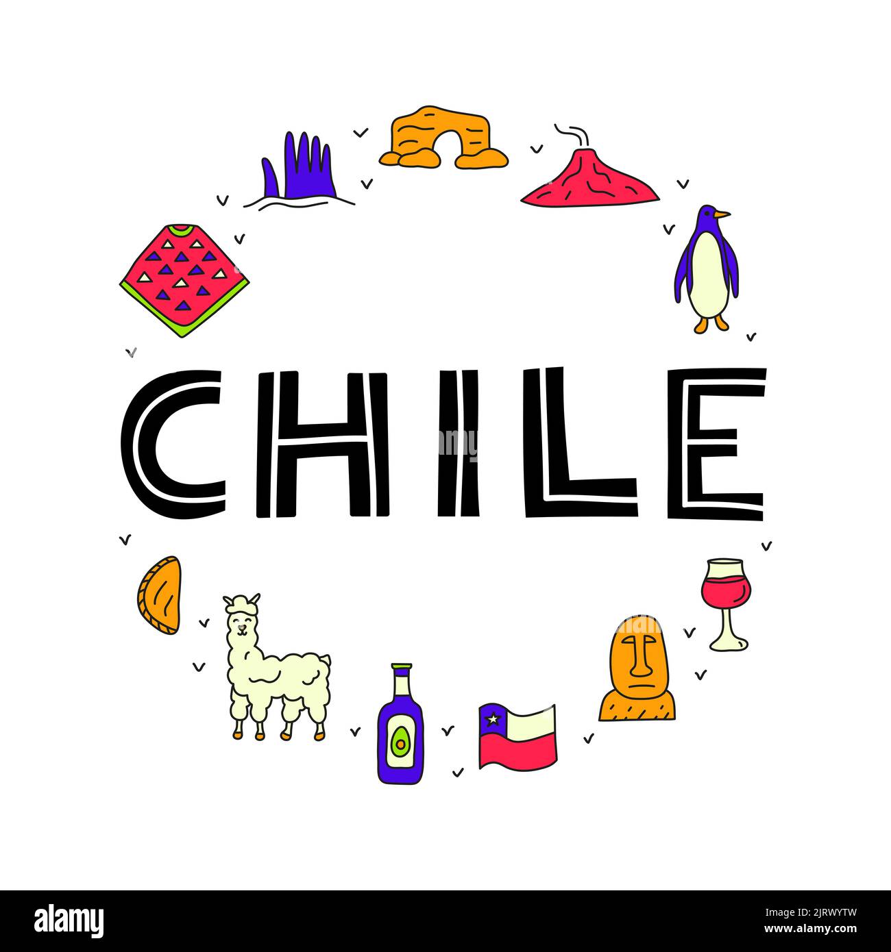 Doodle colored Chile icons including Easter island statue, Villarrica ...