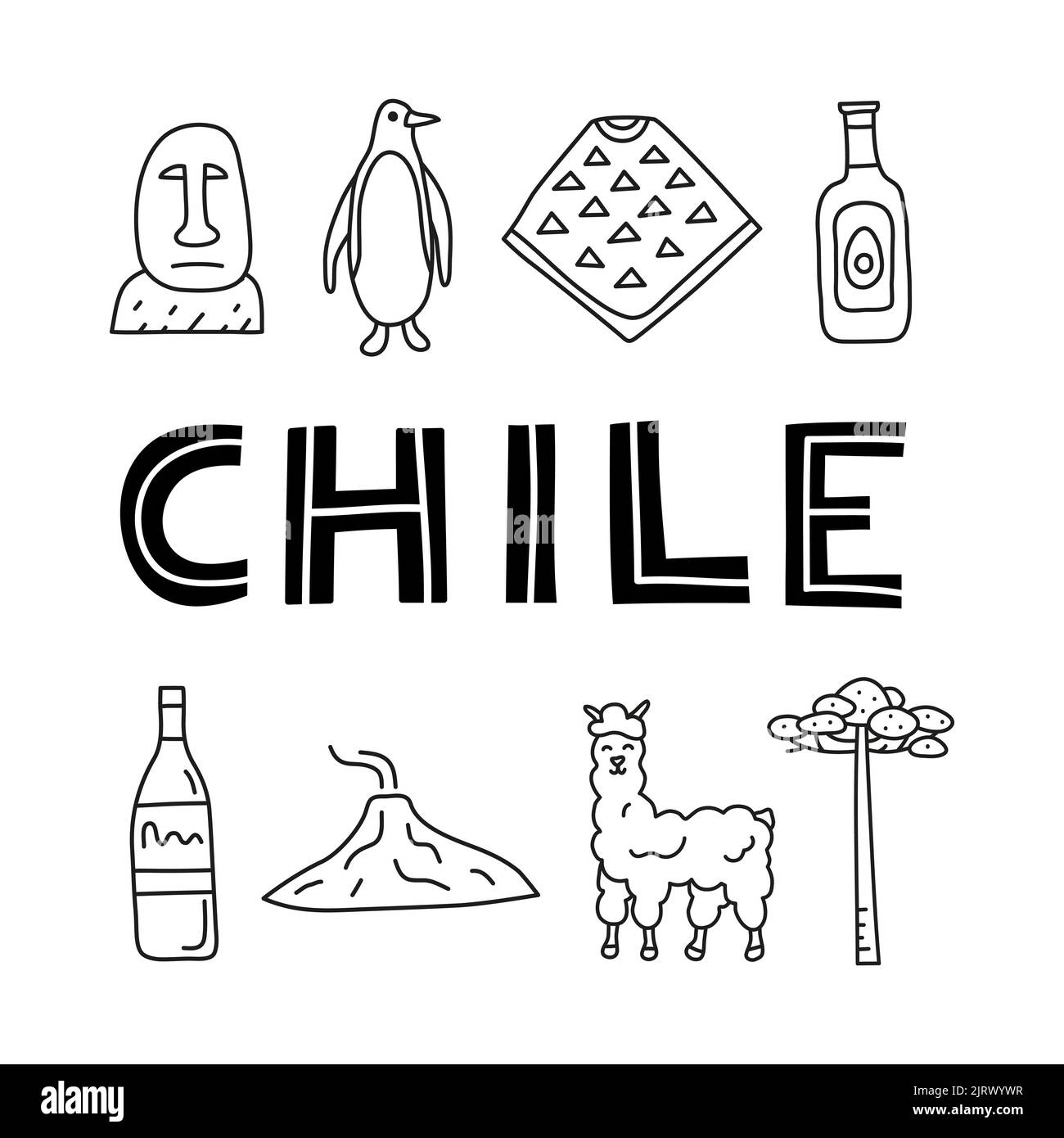 Poster with lettering and doodle outline Chile icons including Easter ...