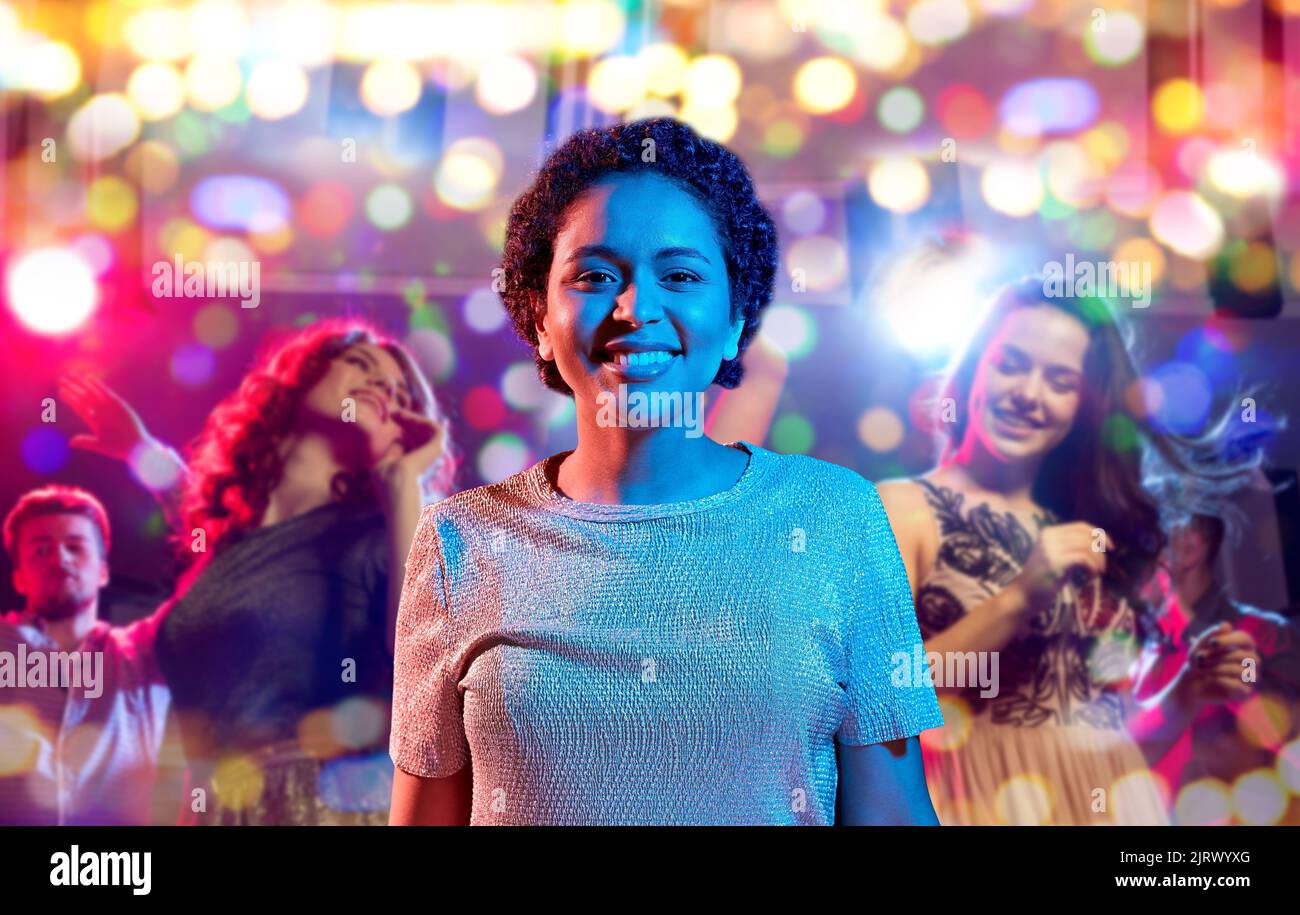 african woman over neon lights at nightclub Stock Photo - Alamy