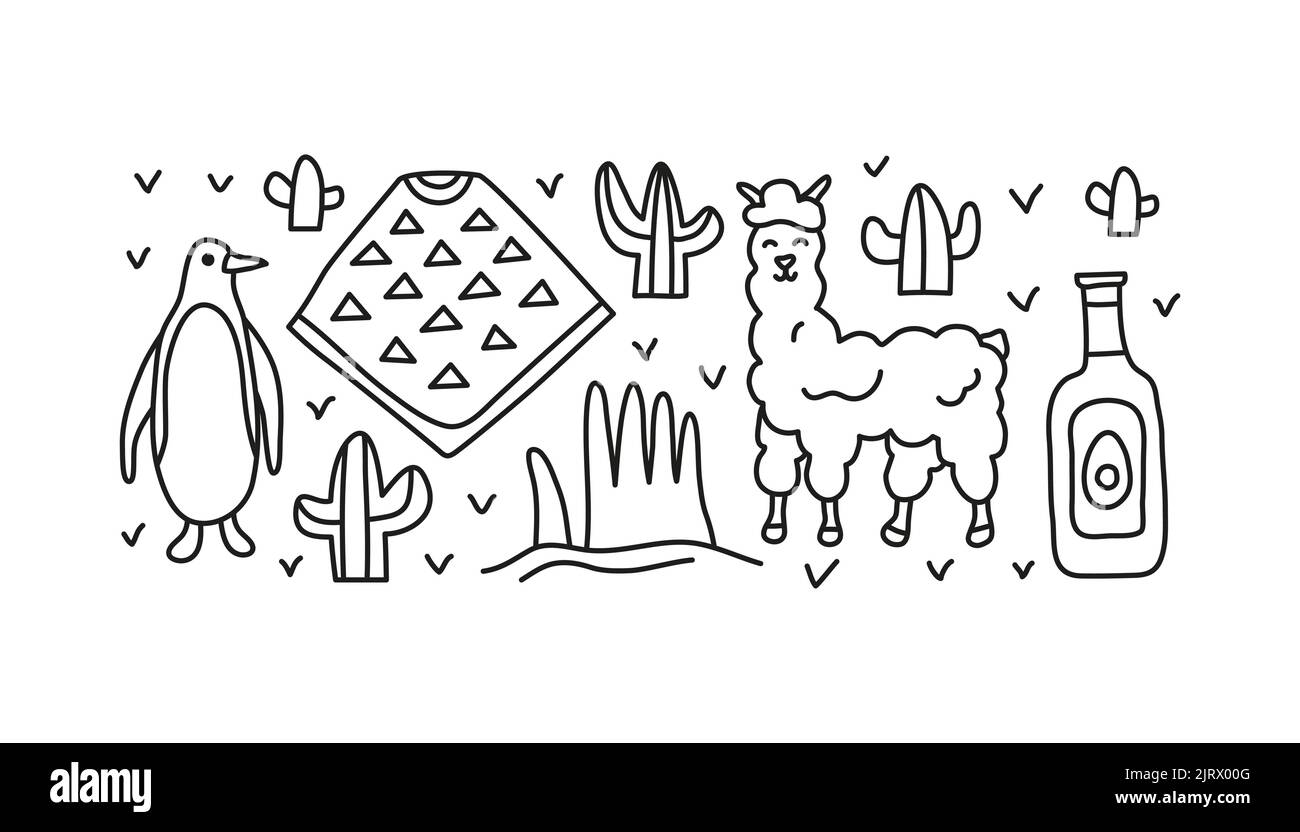 Group of doodle outline Chile icons including penguin, poncho, alpaca ...