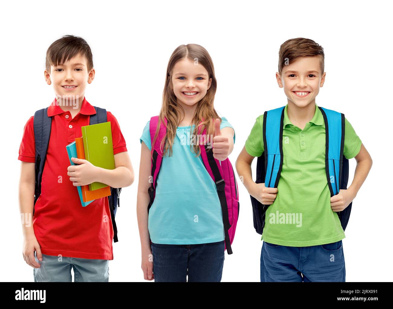 happy children with school bags showing thumbs up Stock Photo - Alamy