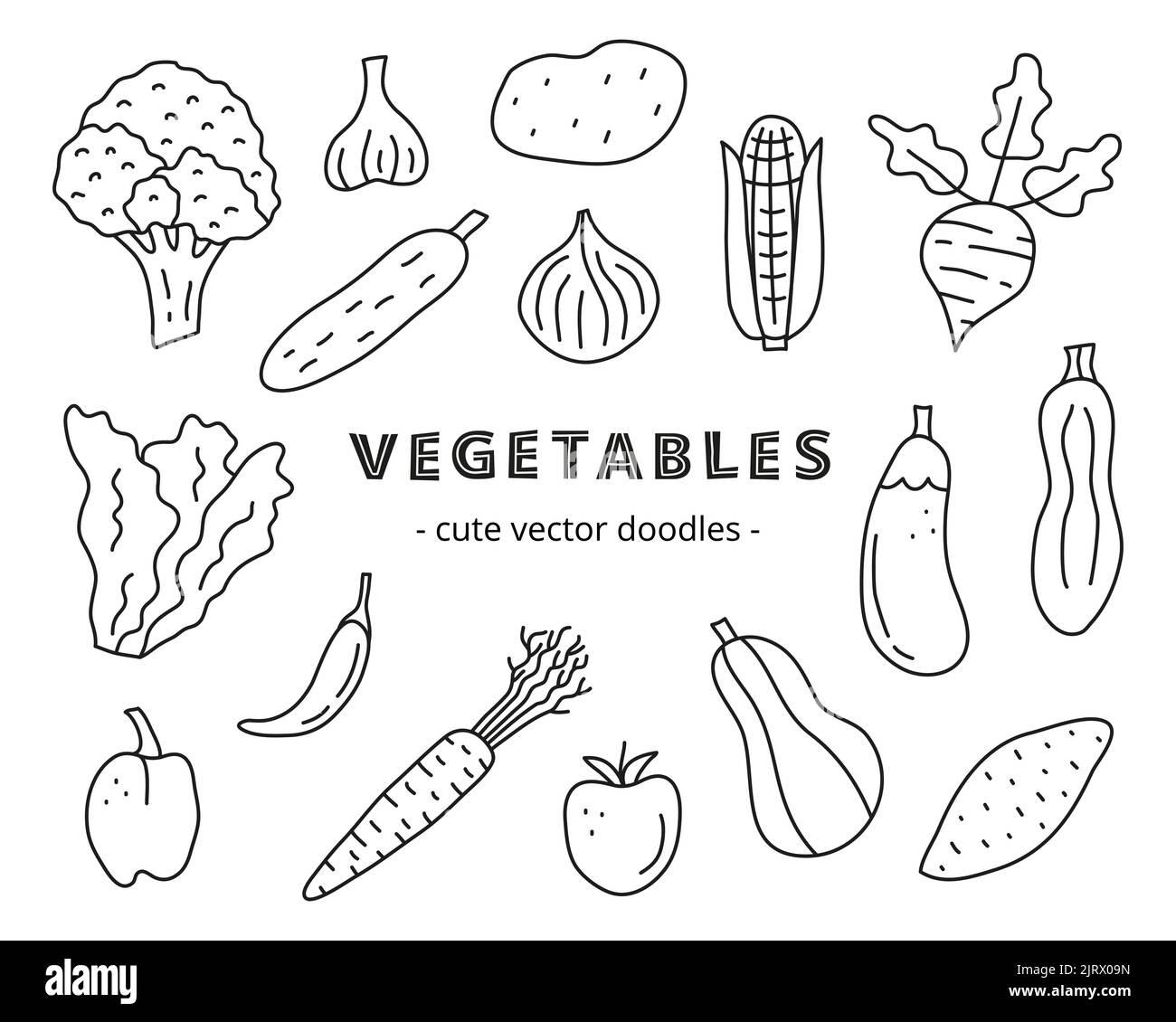 Set of cute doodle outline food vegetable icons including broccoli ...