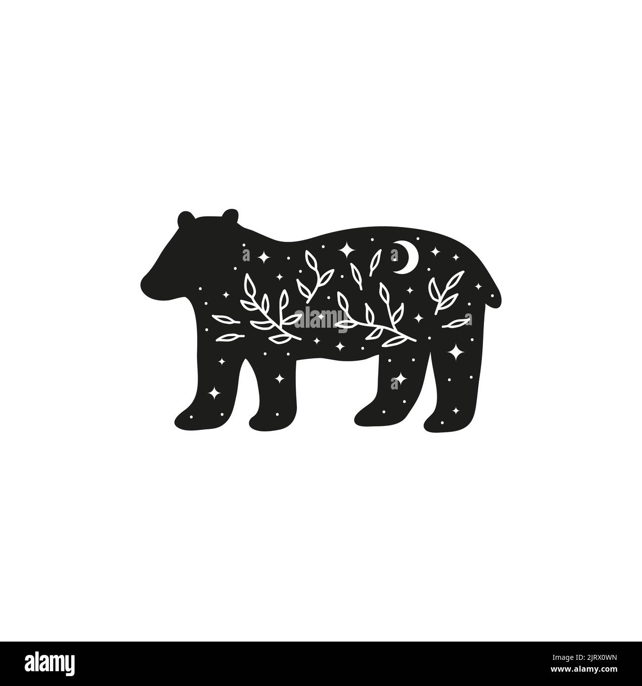 Black bear with crescent moon, leafy branches, stars isolated on white background. Celestial ...