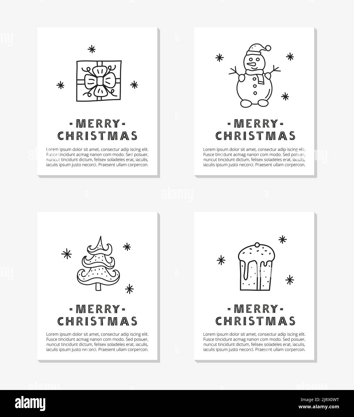 Cards with text and cute outline doodle Christmas and New Year icons ...