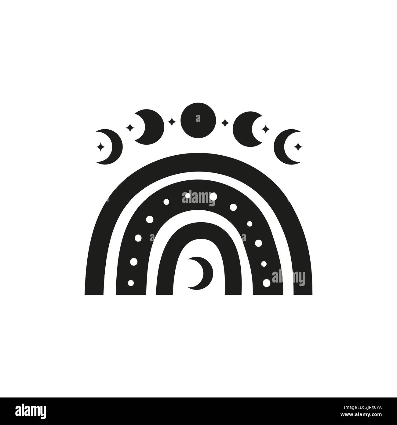 Black celestial boho rainbow with moon phases, dots, crescent isolated ...
