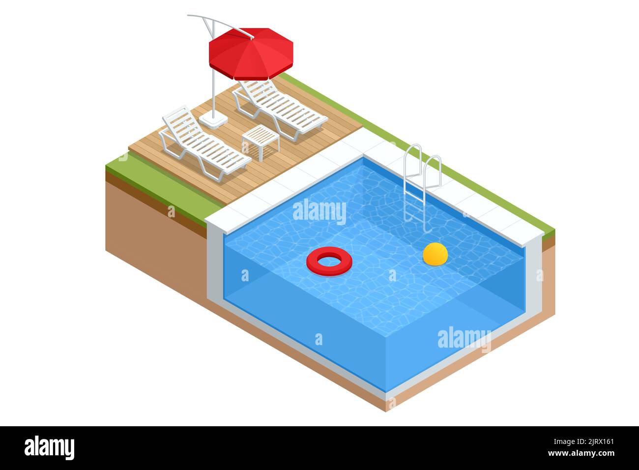 Isometric Swimming pool with stair and sun loungers. home swimming pool ...