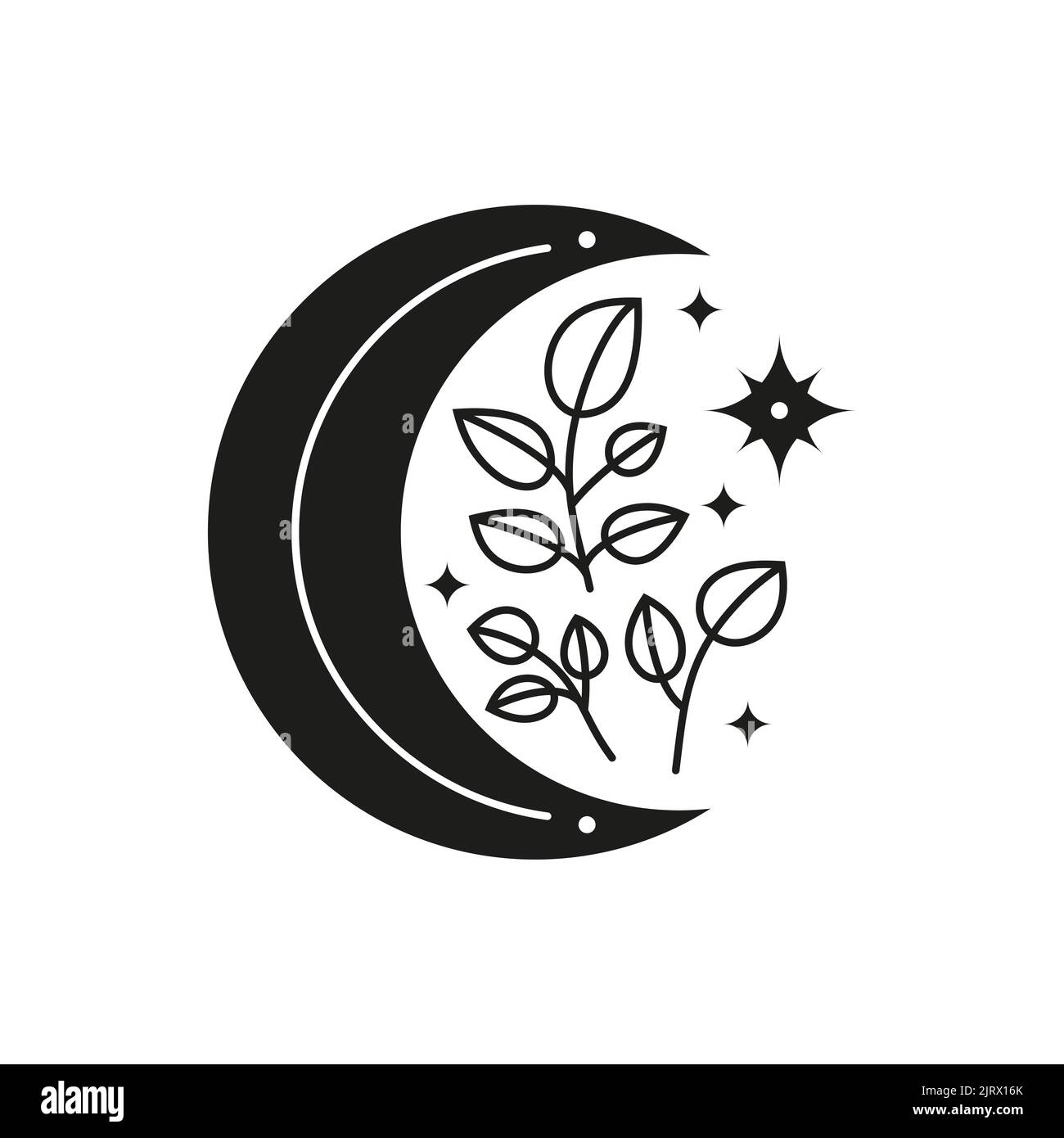 Bohemian black floral crescent moon with leafy branches and star ...