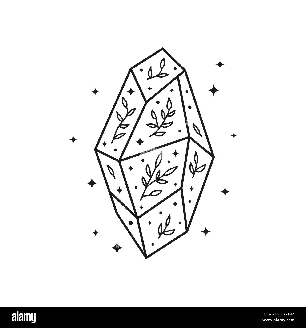 Hand drawn outline celestial crystal with leafy branches, stars and ...