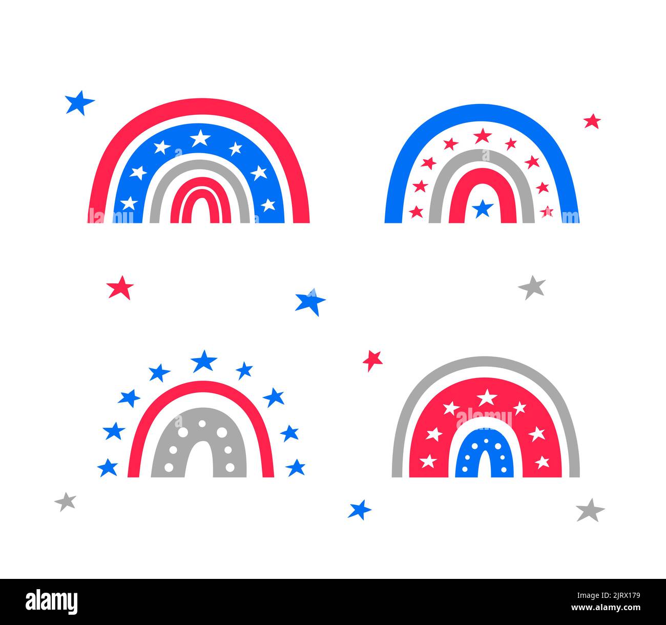Cute boho rainbows with stars and dots in American flag colors isolated ...