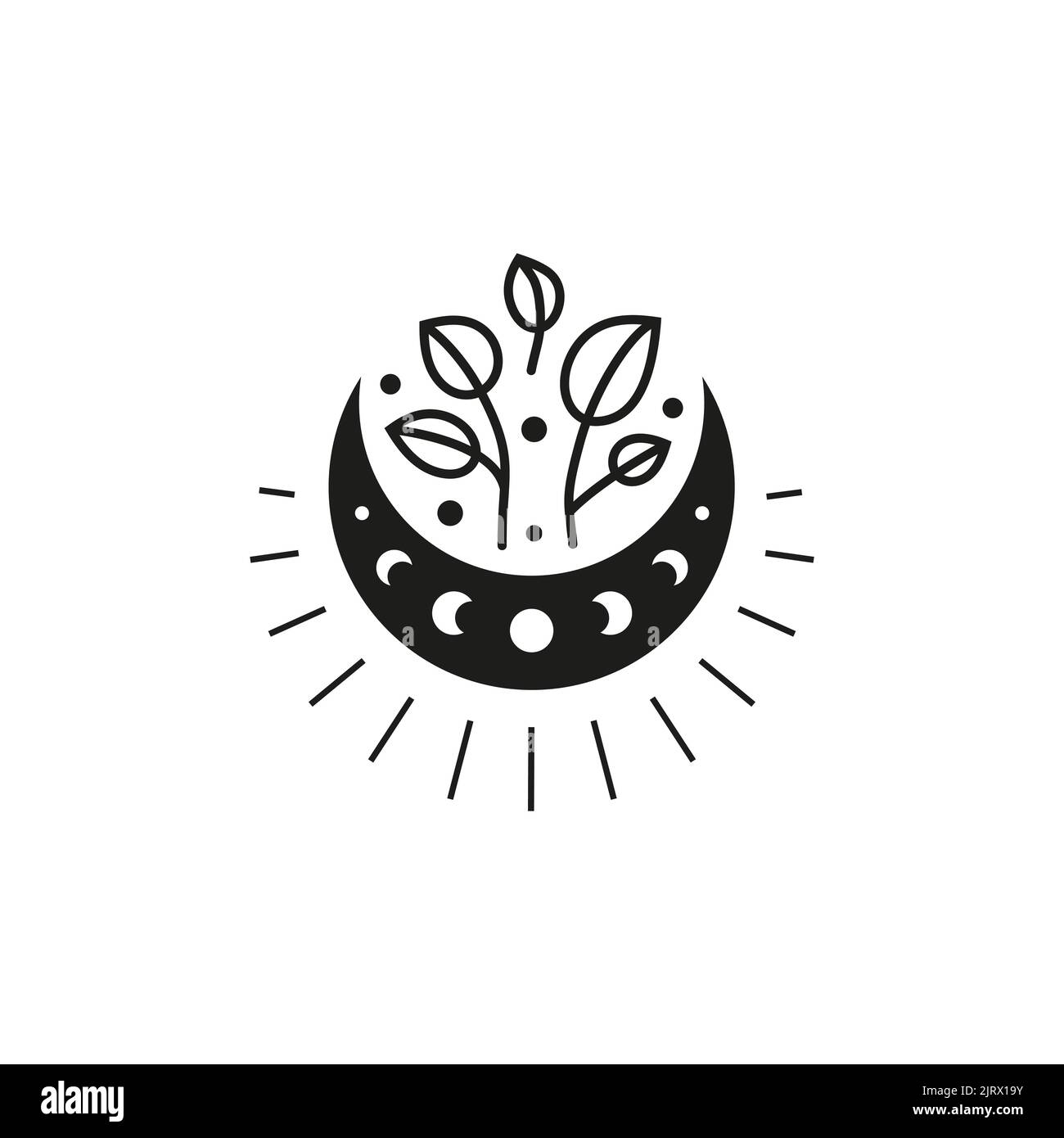 Bohemian black floral crescent moon with leafy branches and starburst ...