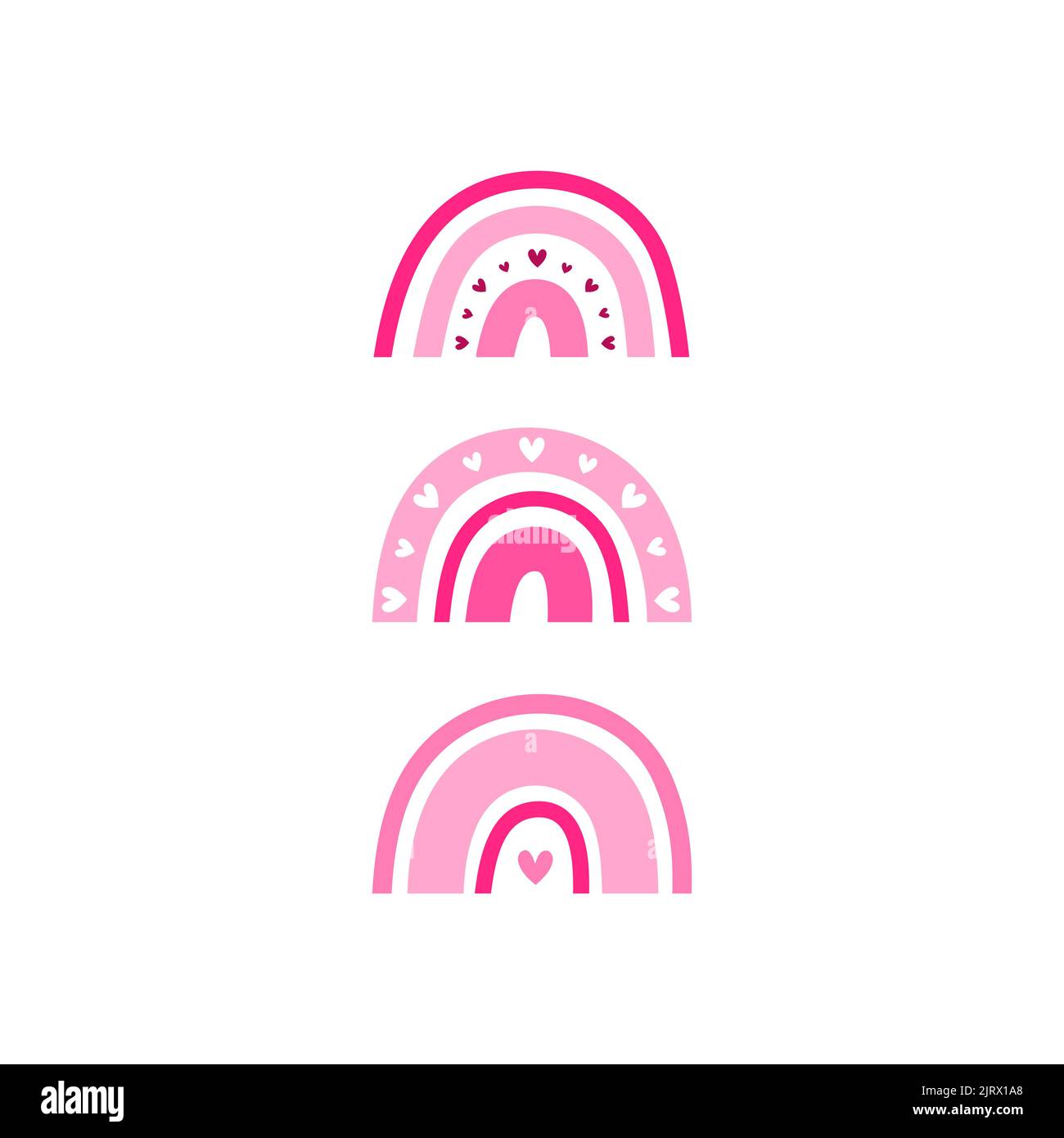 Pastel pink boho rainbows with hearts and dots isolated on white ...