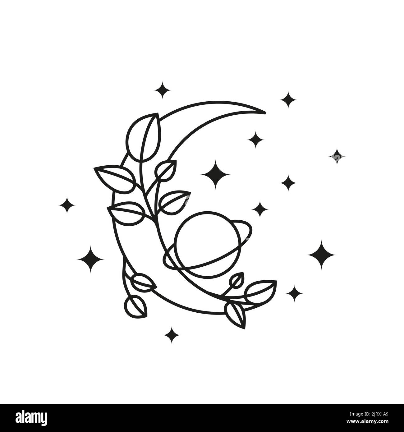 Bohemian outline floral crescent moon with planet, leafy branches and ...