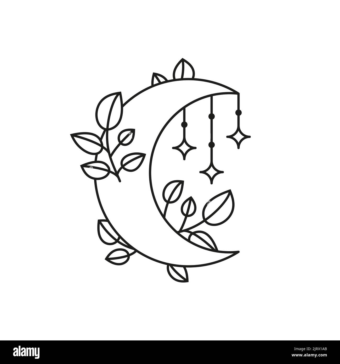 Bohemian outline floral crescent moon with leafy branches and jewelry ...