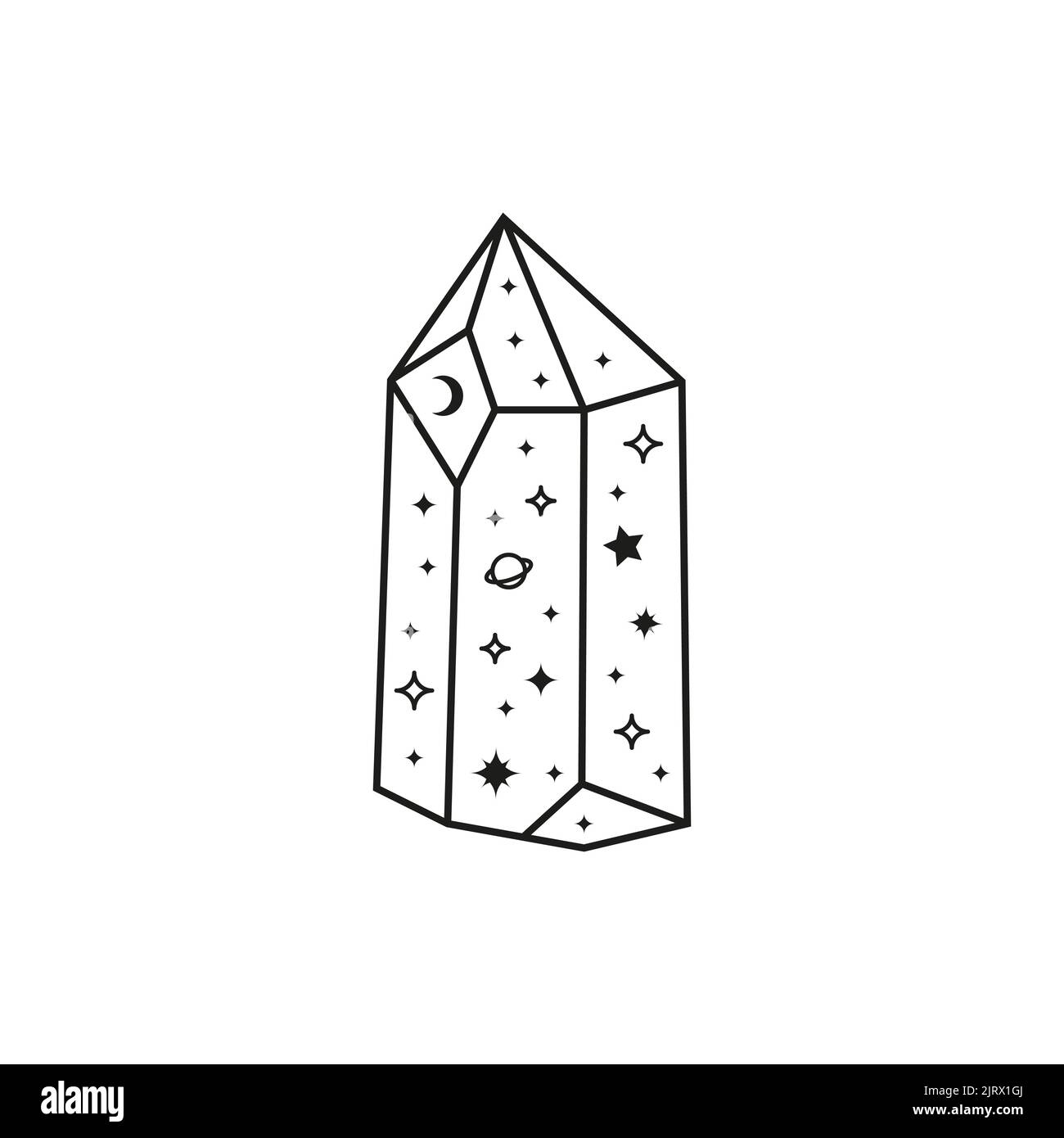 Hand drawn outline celestial crystal with stars, crescent moon and ...
