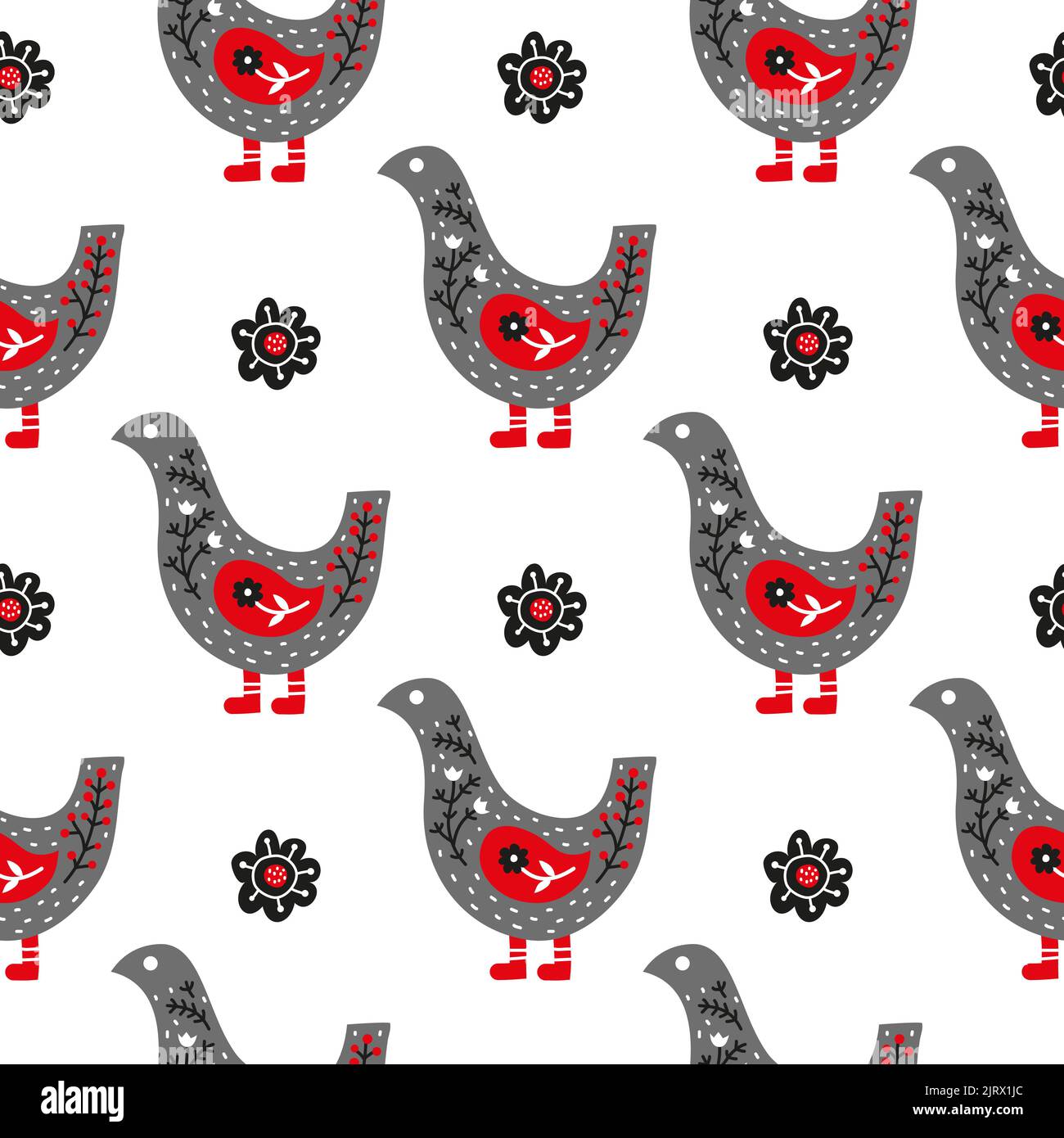 White seamless pattern with doodle birds, flowers and Nordic ornaments ...