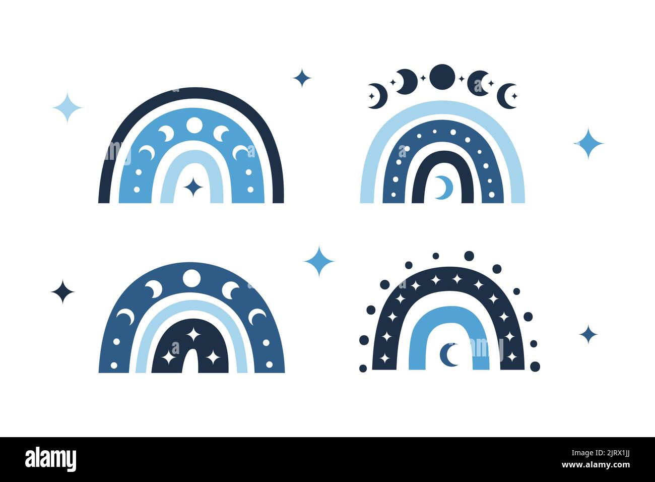 Blue celestial boho rainbows with moon phases, dots, crescents isolated ...