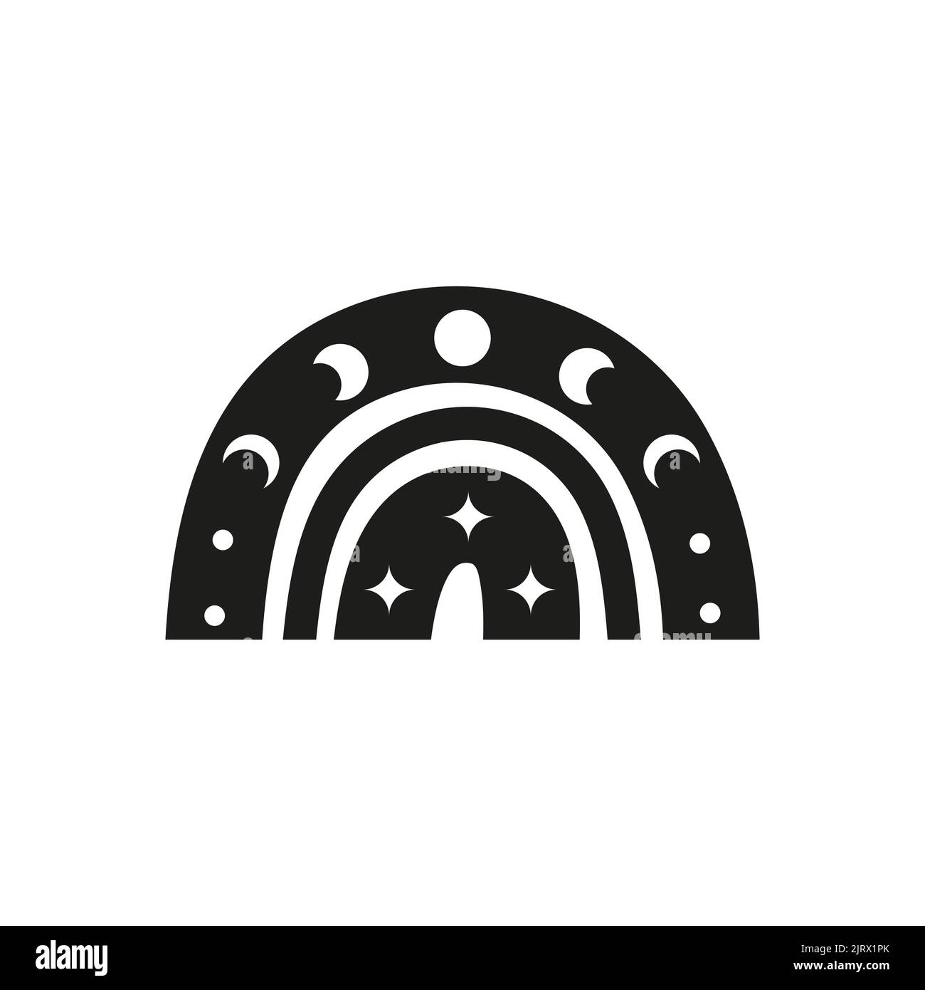 Black celestial boho rainbow with moon phases, dots, stars isolated on ...