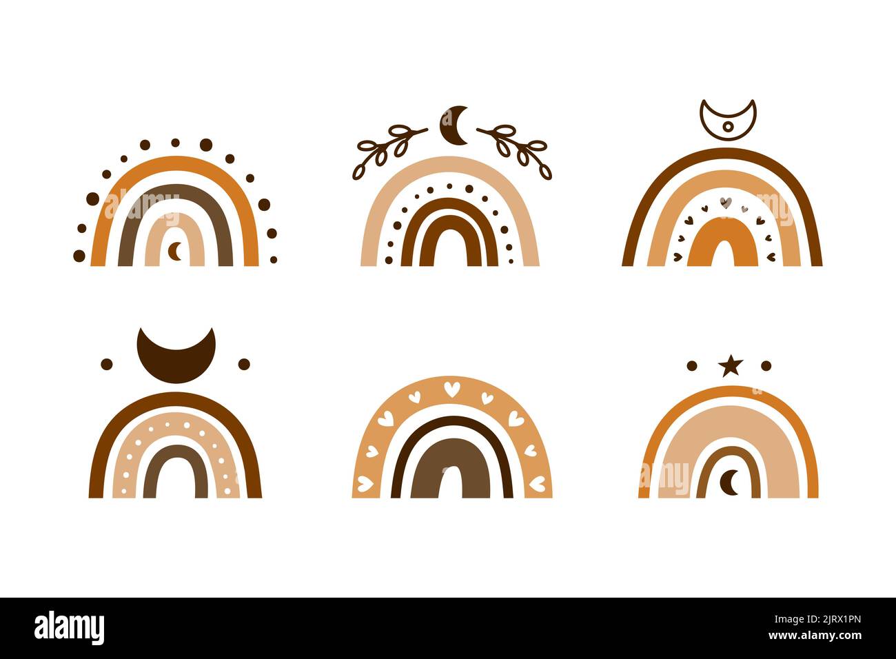 Set of hand drawn brown celestial bohemian rainbows with moon crescents ...
