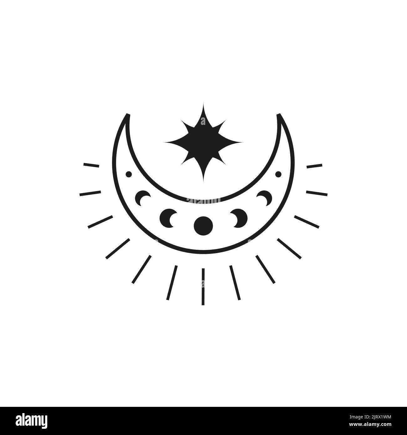 Bohemian outline crescent with moon phases, starburst and star isolated ...