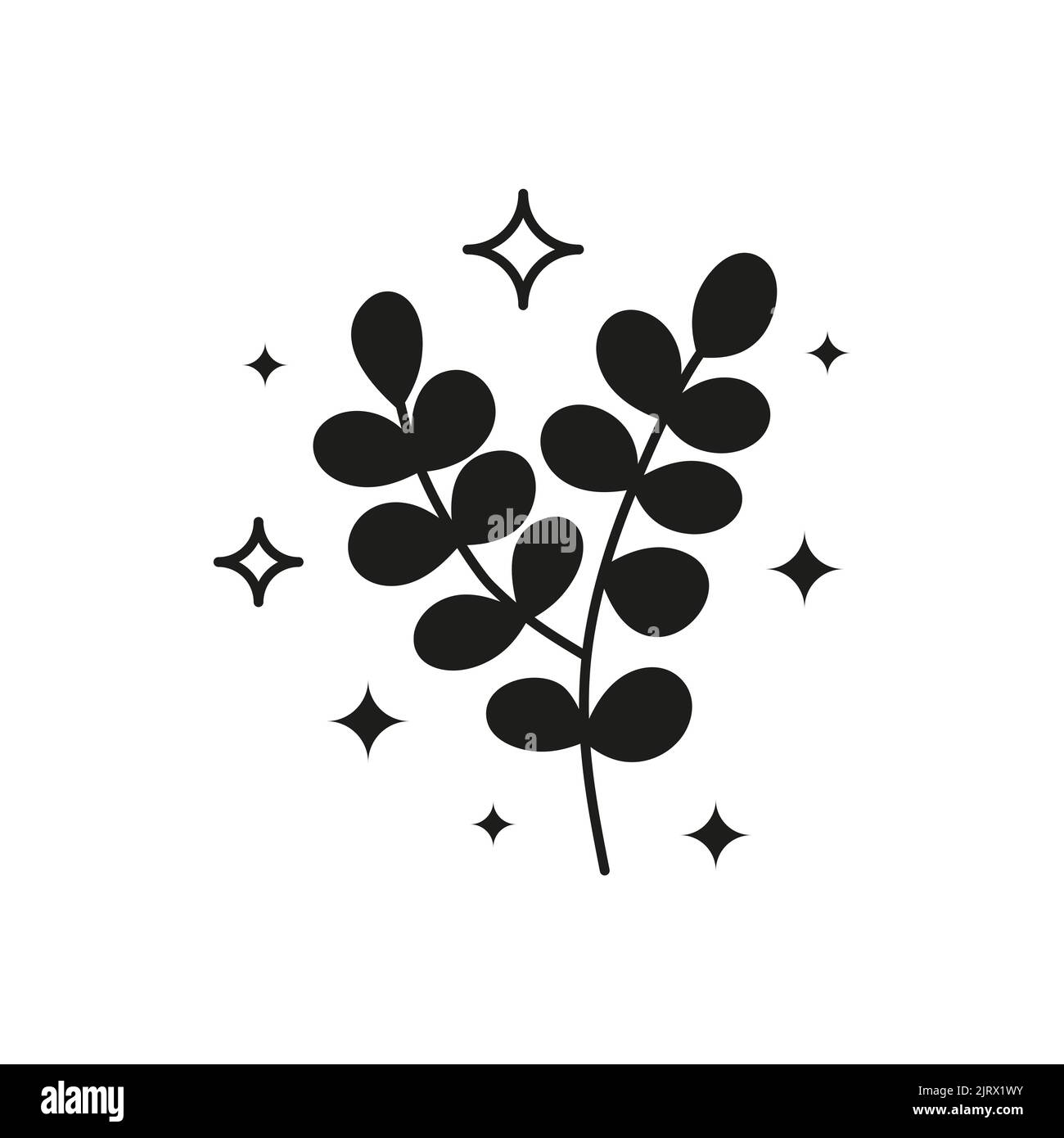 Black celestial leafy branch and stars around isolated on white ...