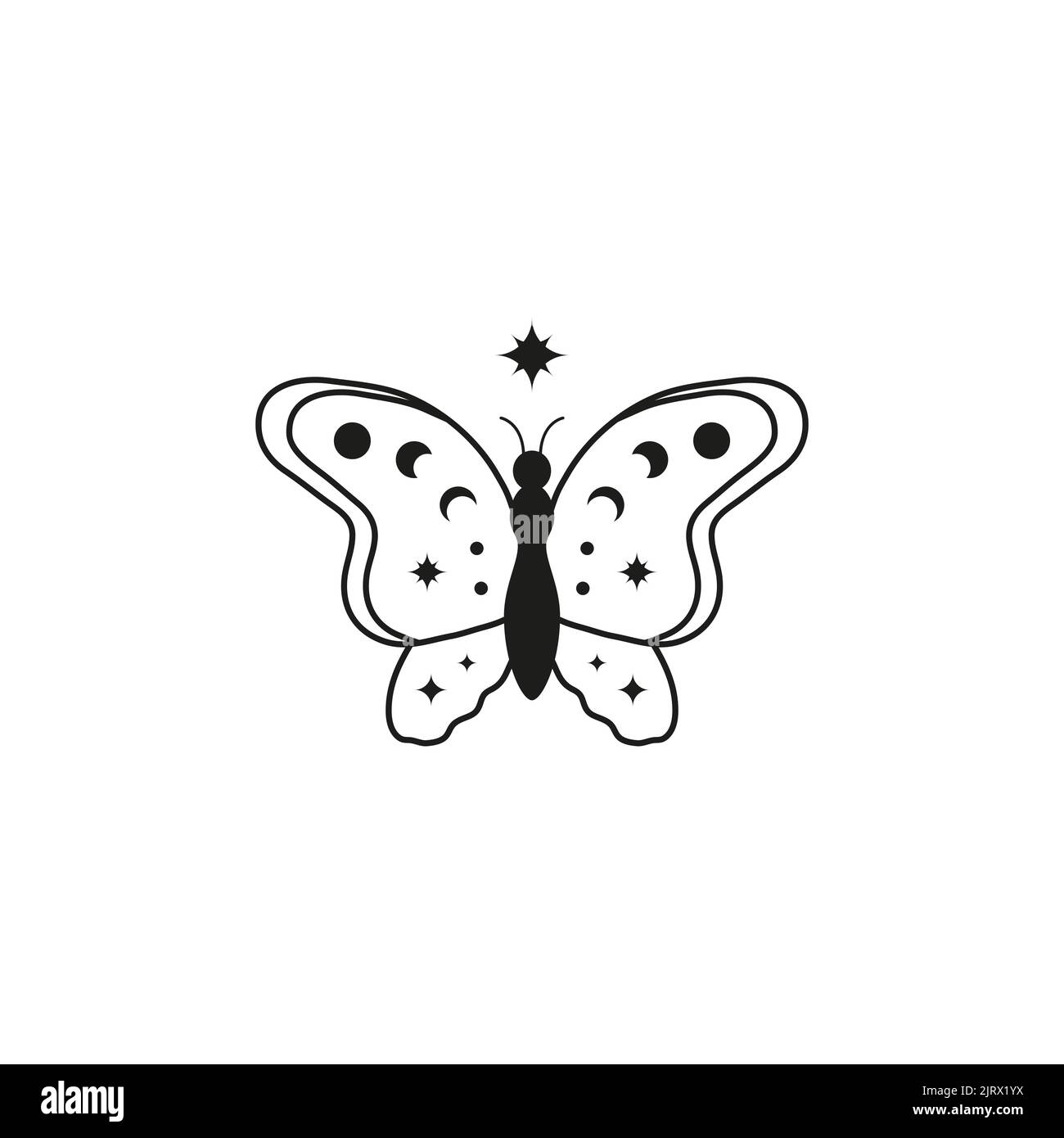 Hand drawn outline celestial butterfly with stars and crescent moon ...