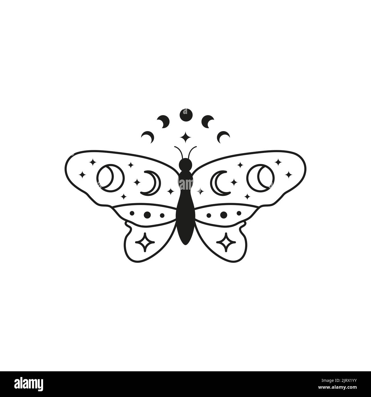 Hand drawn outline celestial butterfly with stars, crescent and moon ...