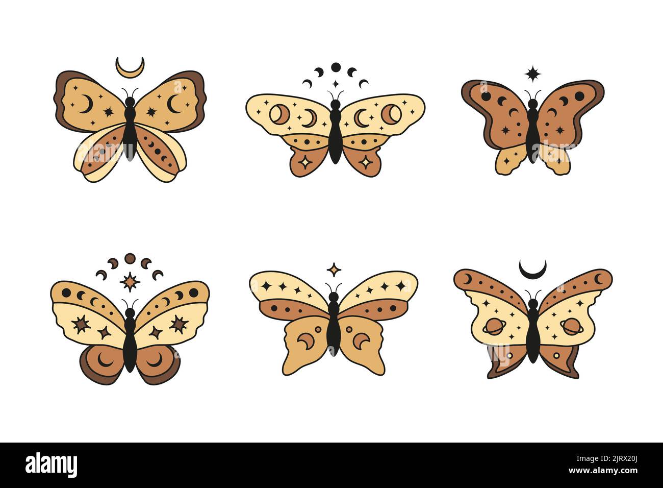 Set of hand drawn colored celestial butterfly with stars, crescent and ...