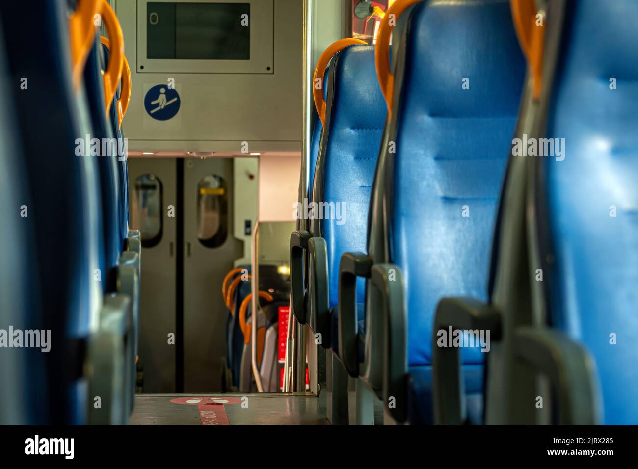 Italian railroad train interior, seats in a train in a row, train ...
