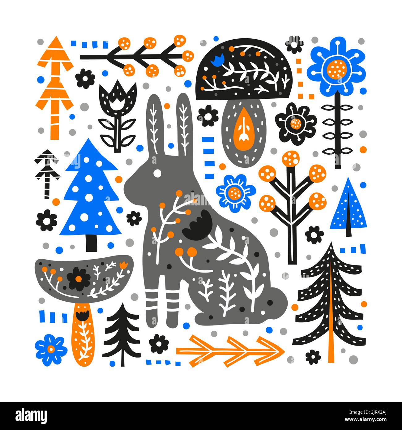 Doodle poster with hare, forest trees, flowers, mushrooms, dots and ...