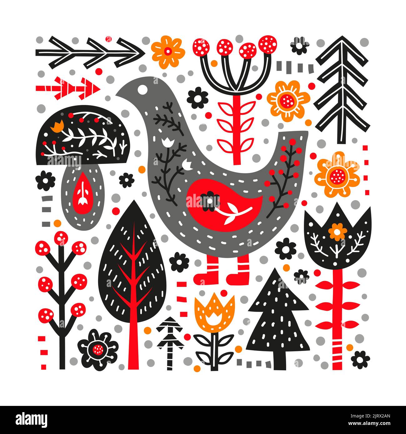 Doodle poster with bird, forest trees, flowers, mushroom, dots and ...