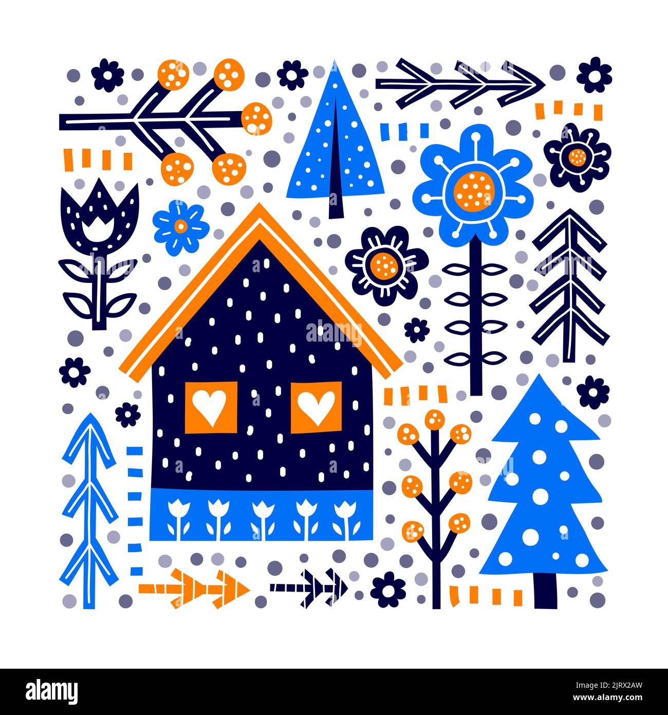 Doodle poster with forest trees, flowers, mushroom, house, dots and ...