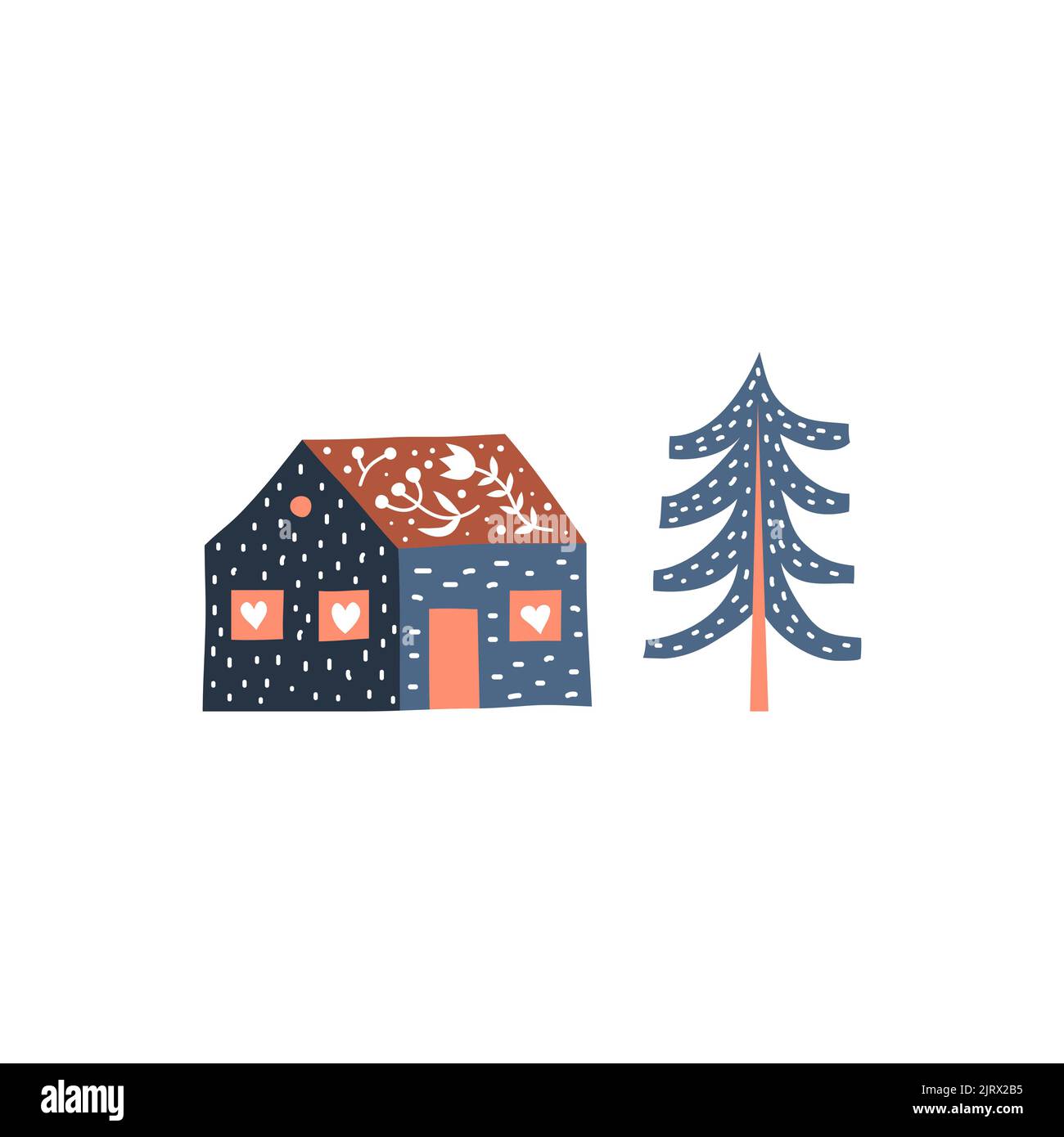 Doodle poster with house and pine tree in Scandinavian folk art style ...