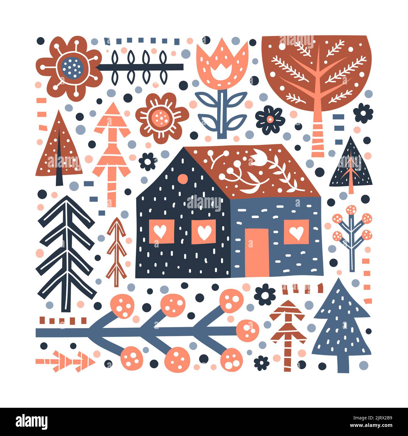 Doodle poster with house, forest trees, flowers, berries, dots and ...