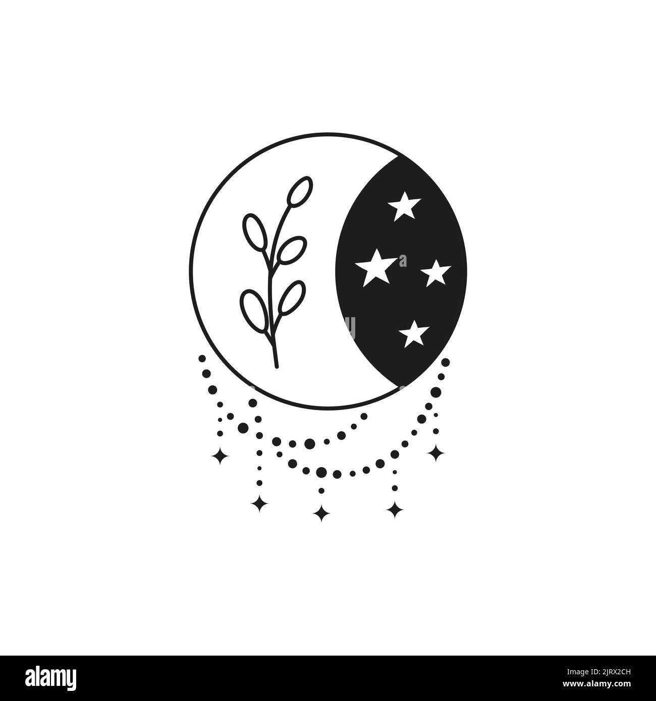 Bohemian outline crescent moon with leafy twig, beads and stars ...