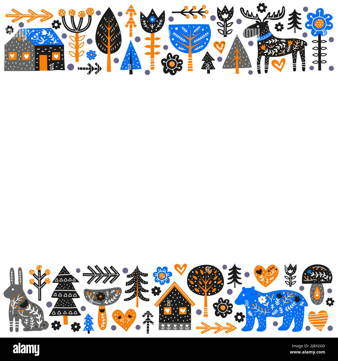 Poster with doodle animals, trees, houses, flowers, mushrooms and ...