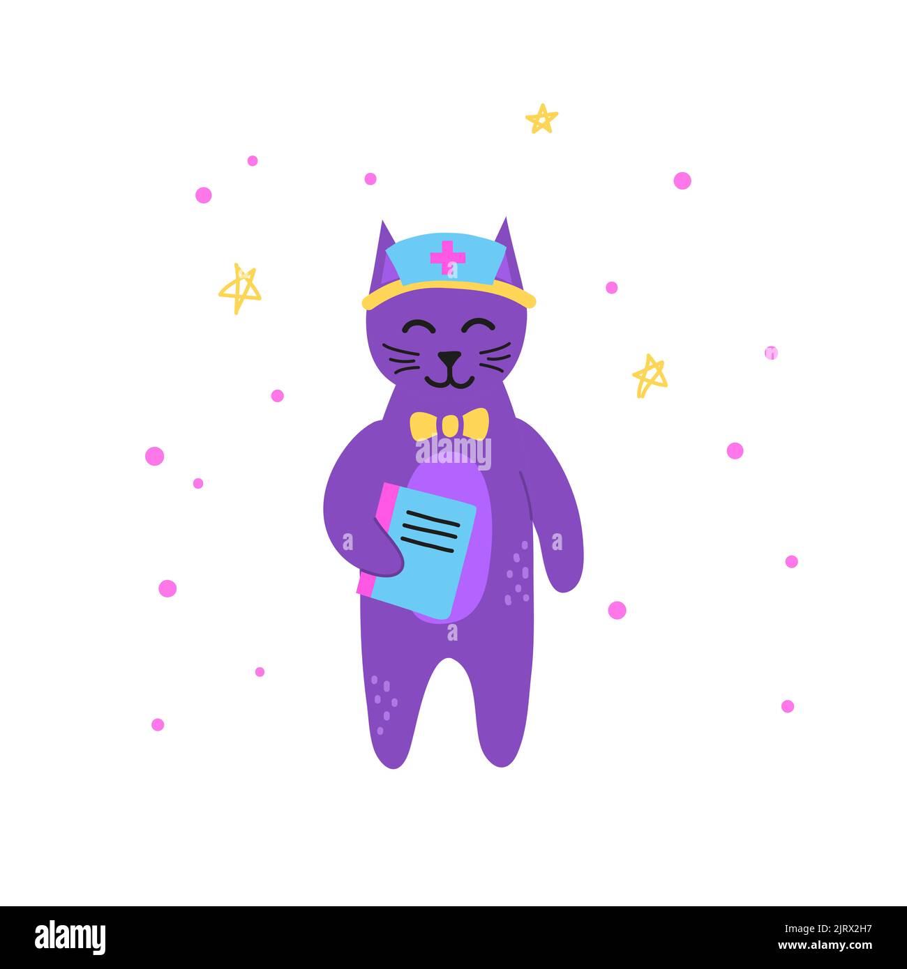 Cute doodle violet doctor cat character with medical card isolated on ...