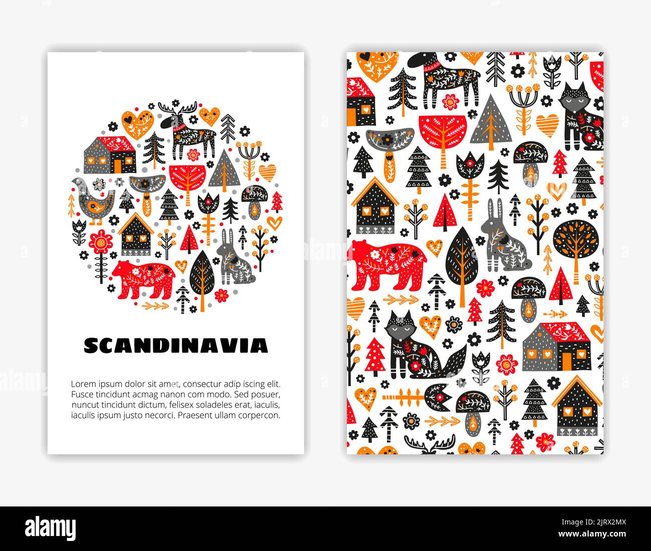 Card templates with doodle animals, trees, houses, flowers, mushrooms ...