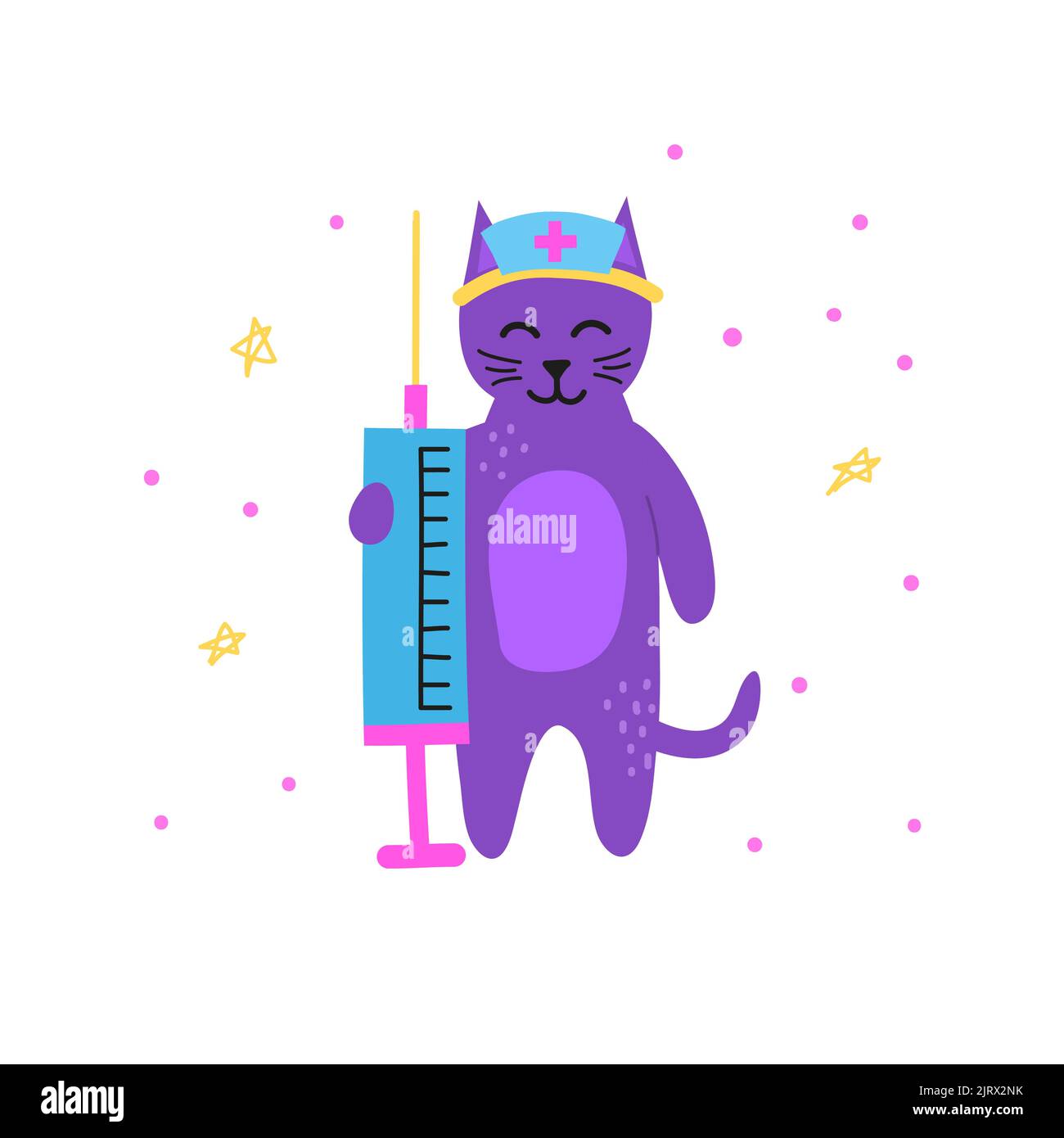 Cute doodle small violet doctor cat character with big syringe isolated ...