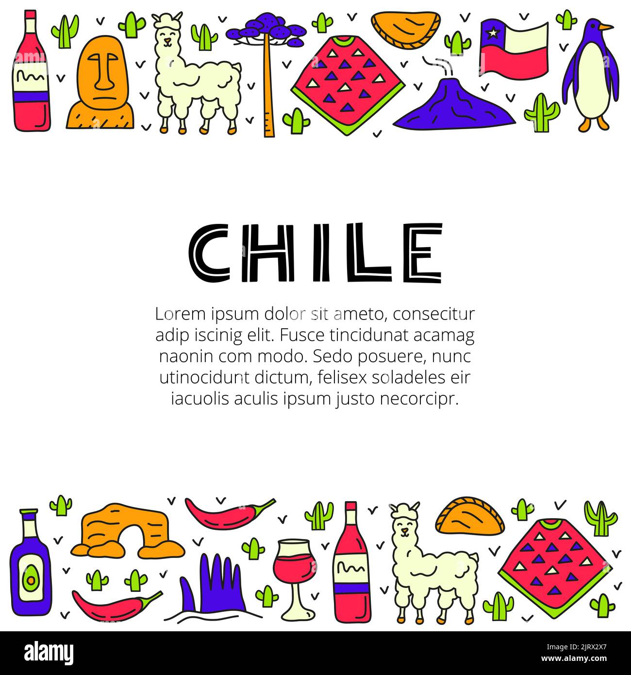 Poster with lettering and doodle colored Chile icons including Easter ...