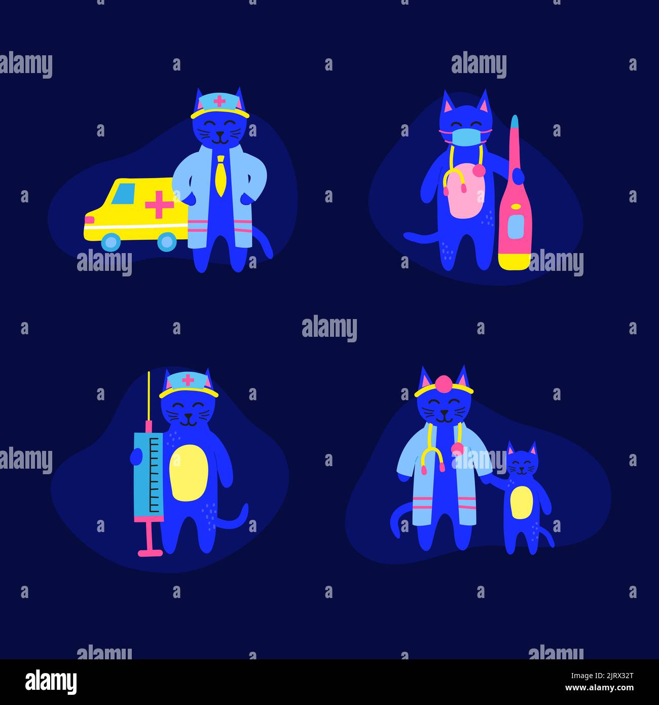 Set of cute doodle small doctor cats characters with big medical ...