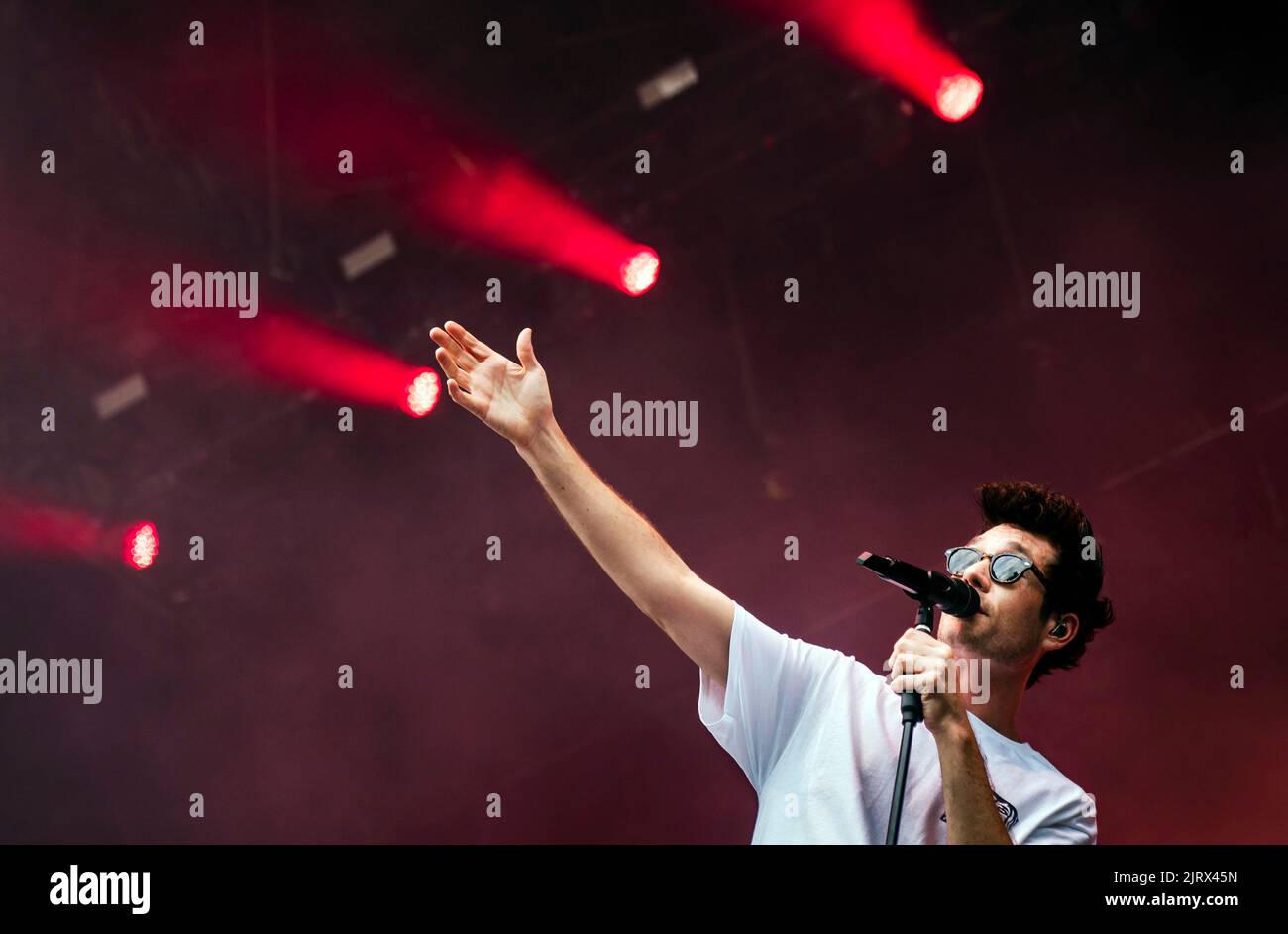 Dan Smith performs with his band Bastille, during the Leeds Festival ...