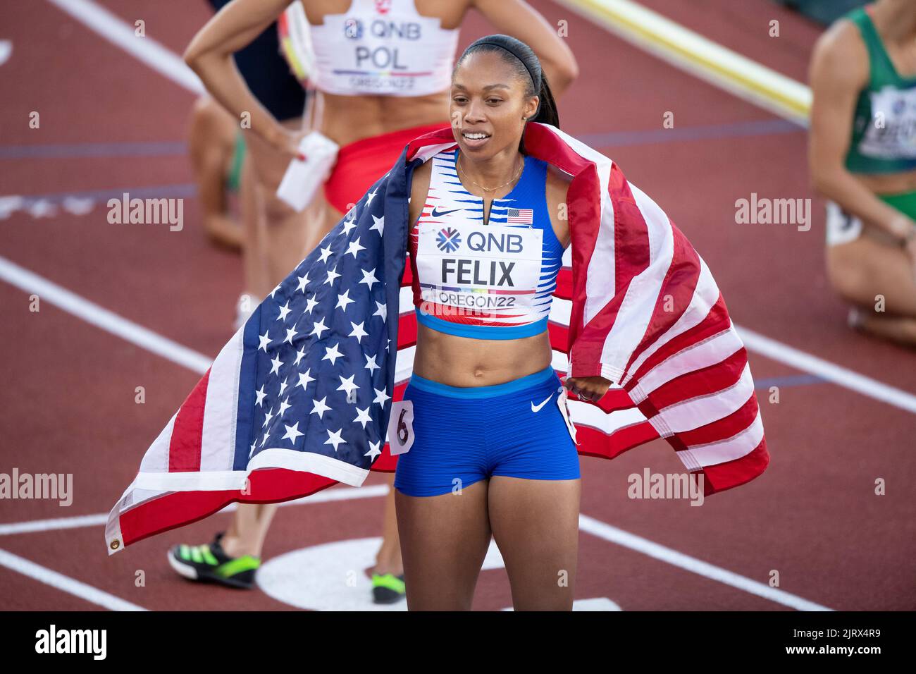 Allyson Felix of the USA celebrate’s after competing in the mixed relay ...