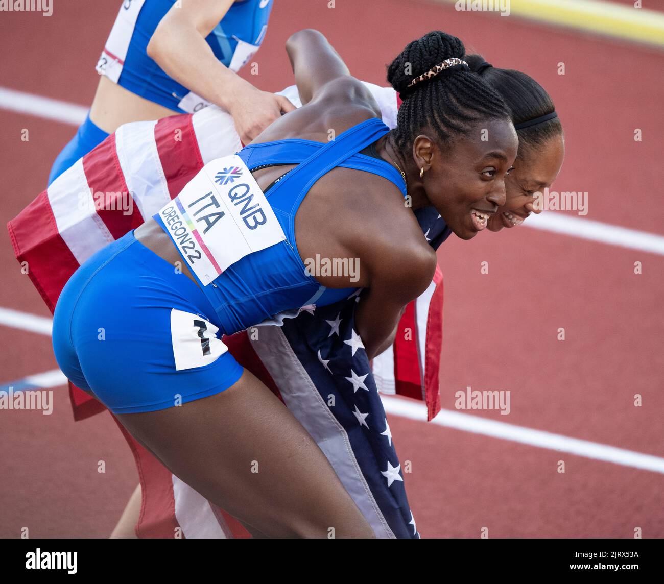 Ayomide Folorunso and Allyson Felix celebrate after competing in the ...