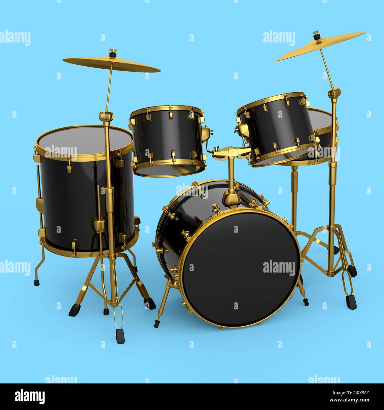 Set of realistic drums with metal cymbals on blue background. 3d render ...